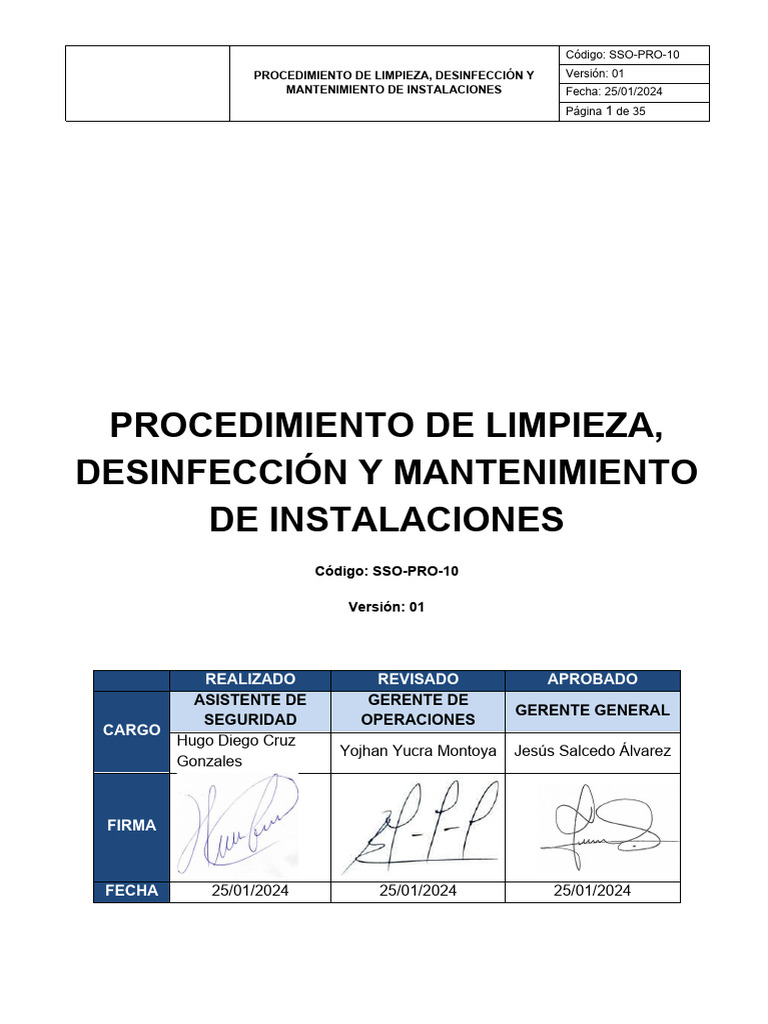 SSO-PRO-10 Procedimiento de Limpieza y Desinfeccion v1 | PDF | Ventilación (Arquitectura ...