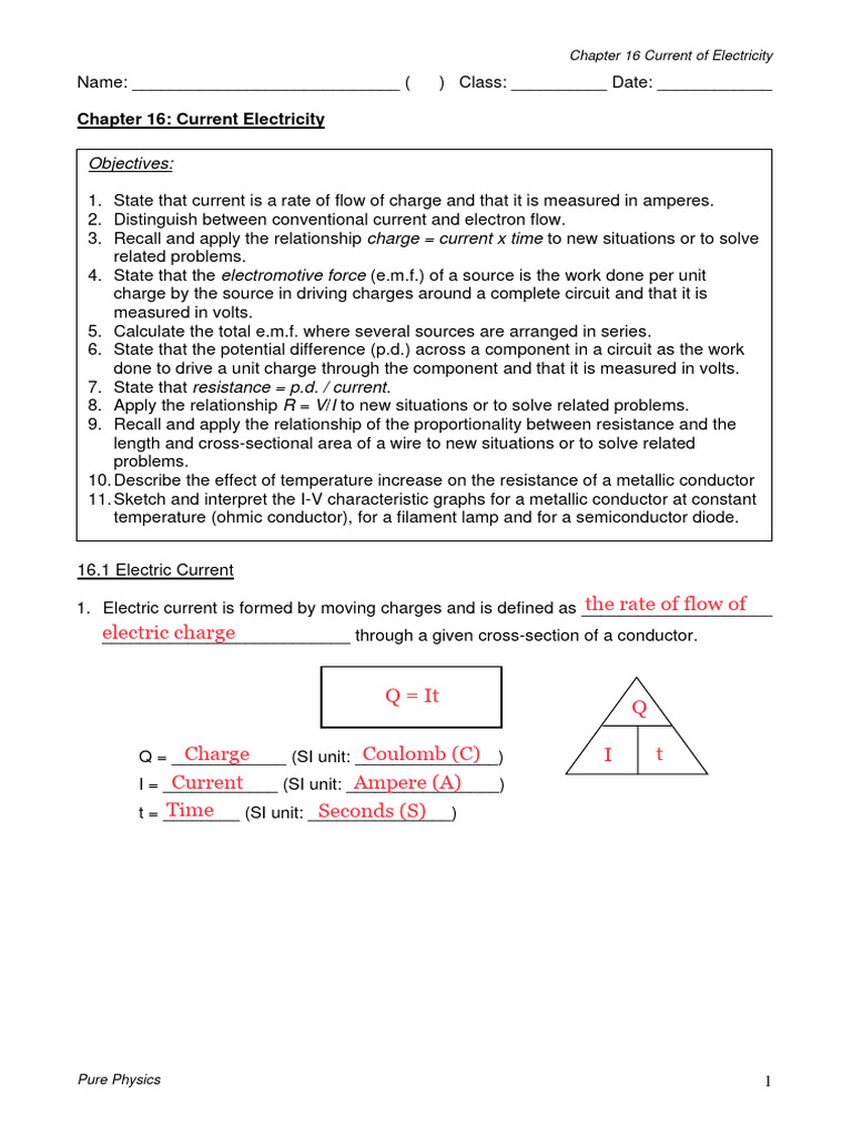 Chpt16 - Current of Electricity Notes Student 2024 | PDF | Voltage ...