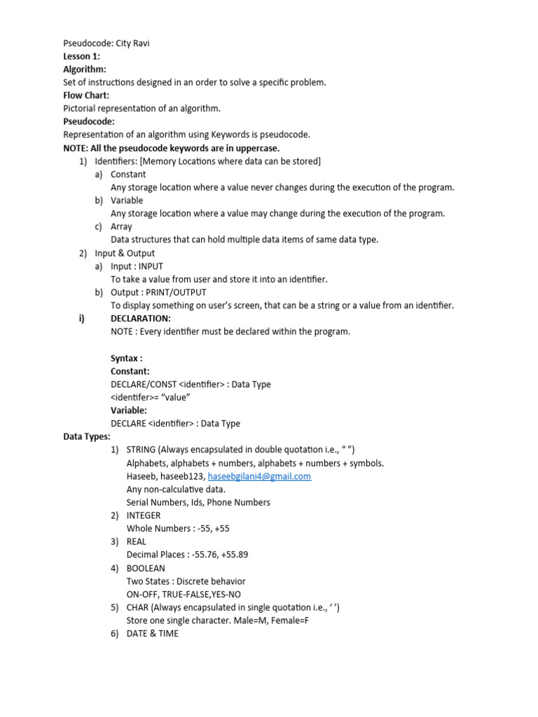 Pseudocode City Ravi | Download Free PDF | Data Type | Computer Program