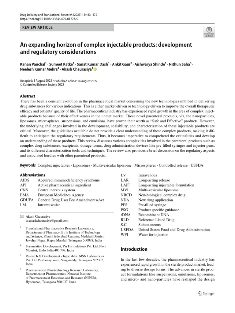 An Expanding Horizon of Complex Injectable Products: Development and ...