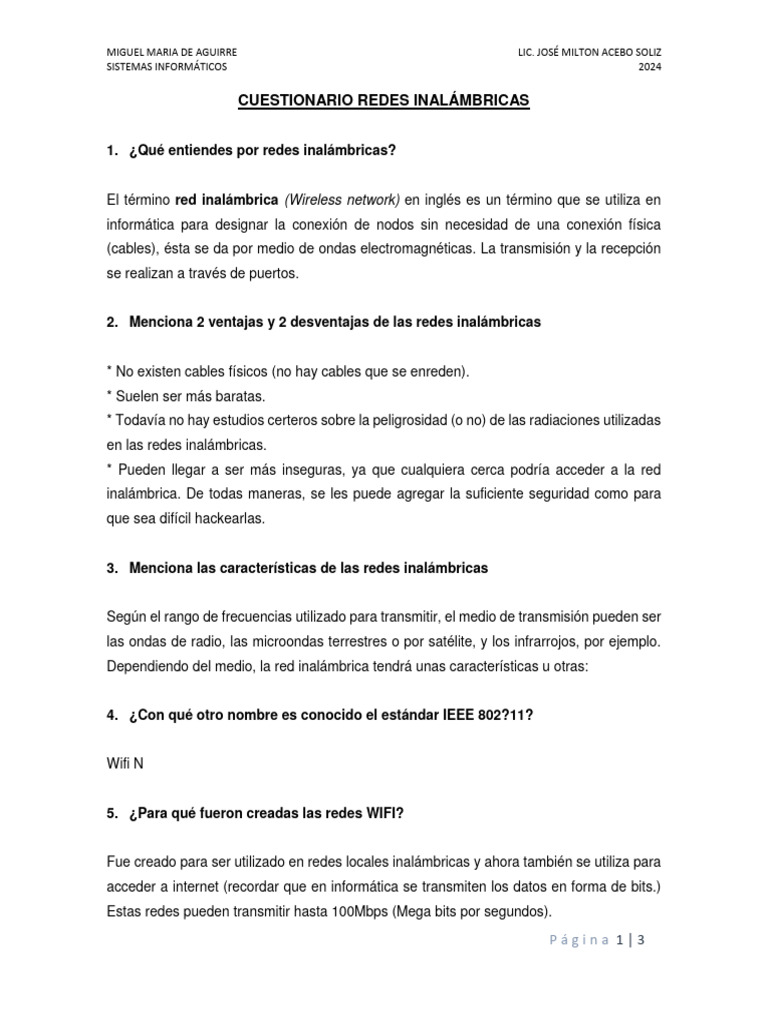 Cuestionario Redes BTH | PDF | Red inalámbrica | Inalámbrico