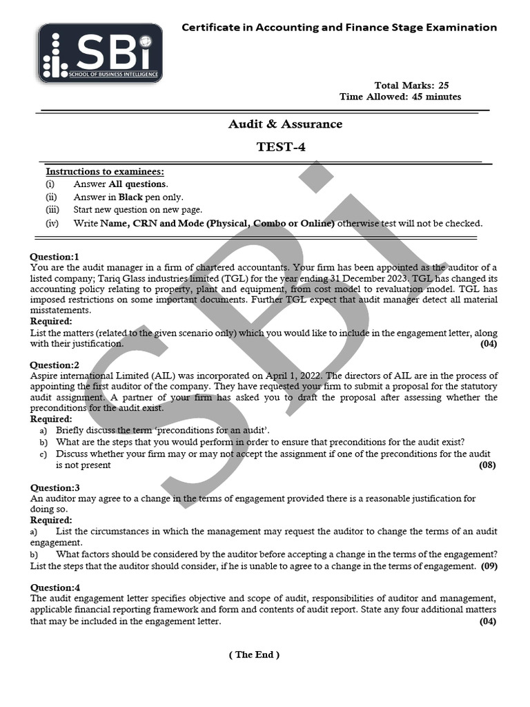 Audit Test 4 QP Ch#02 | PDF | Audit | Business