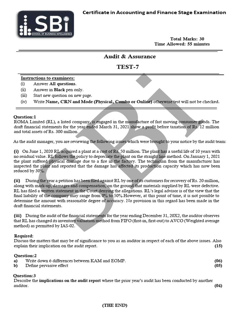 Audit Test 7 QP Ch#14 (ISA 705,706) | PDF | Audit | Auditor's Report