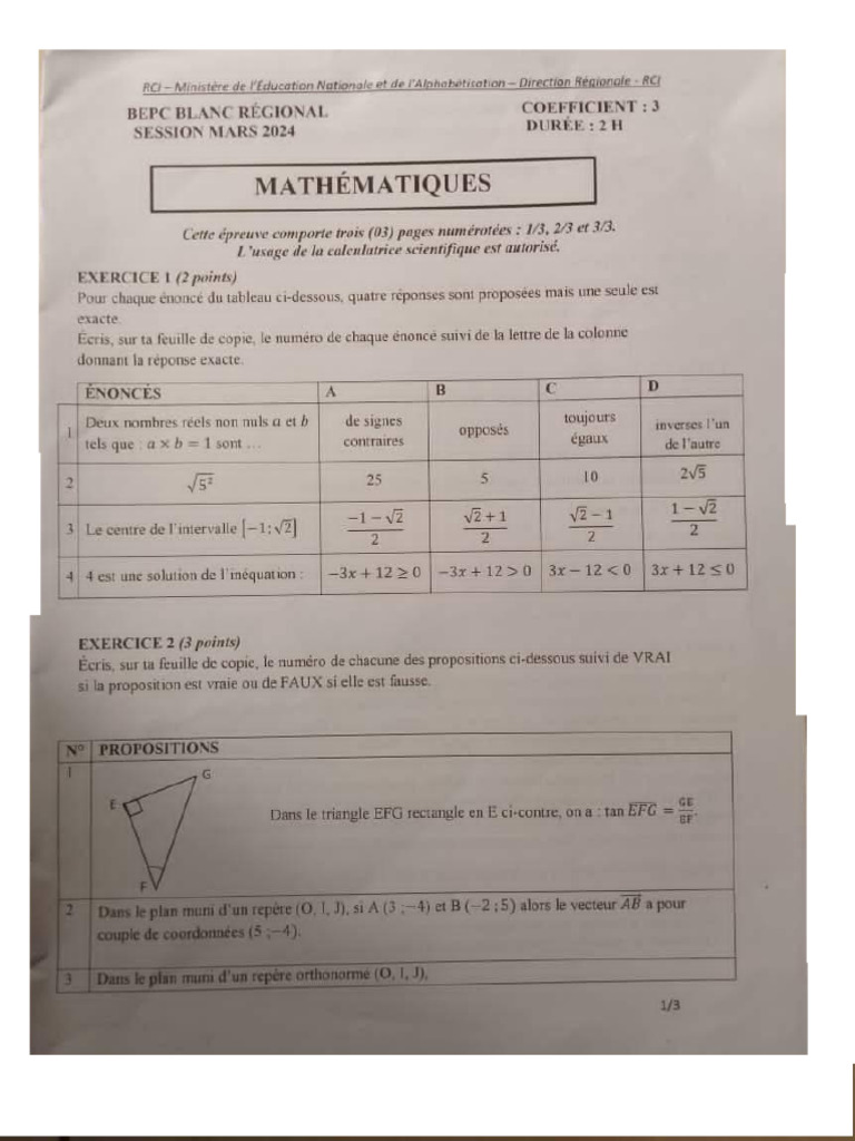 Bepc Blanc 2024 Mathematiques Regional Mars 2024 Rci | PDF