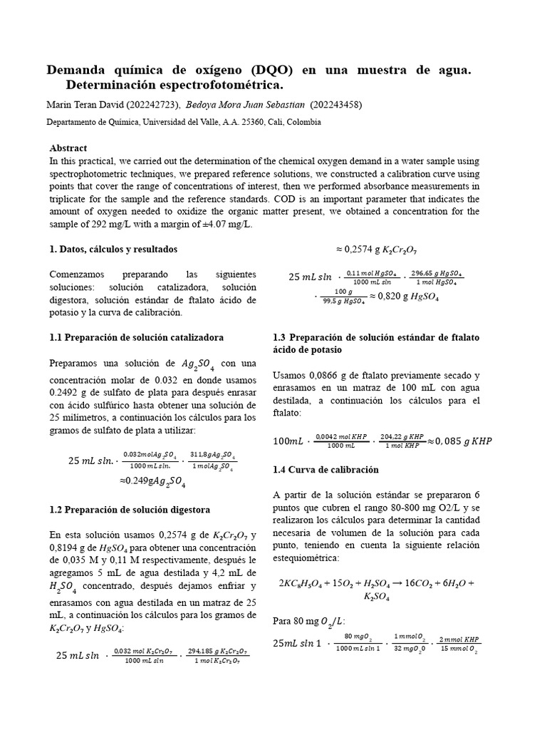 Informe de Lab - Demanda Química de Oxígeno (DQO) en Una Muestra de Agua | Descargar gratis PDF ...