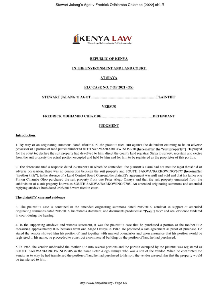 Environment and Land Case 7 of 2021 OS | PDF | Adverse Possession | Lawsuit