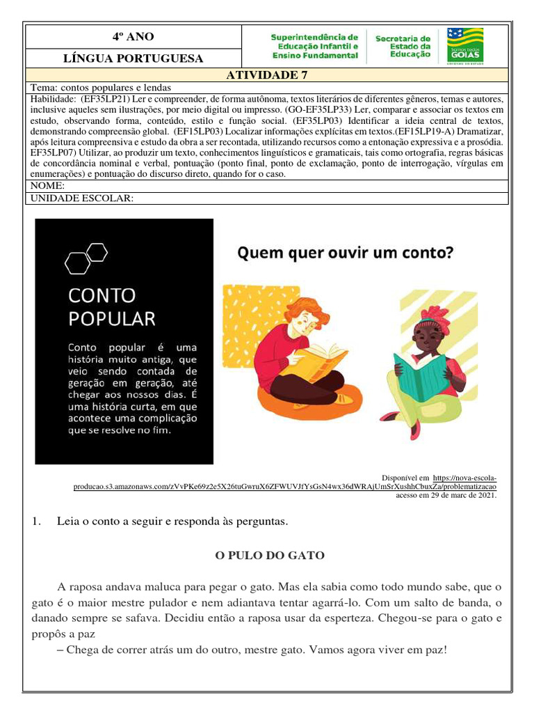 Atividade 7 Lingua Portuguesa Tema Contos Populares e Lendas 4o Ano 1 ...