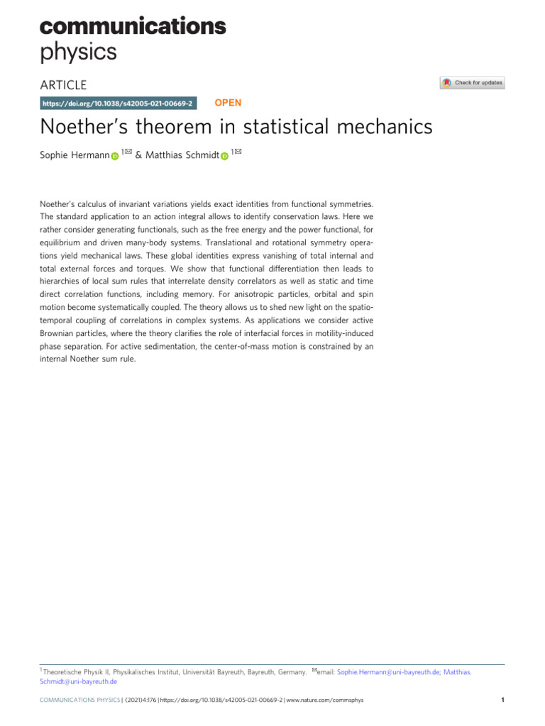 Noether 'S Theorem in Statistical Mechanics: Article | PDF | Density Functional Theory | Force
