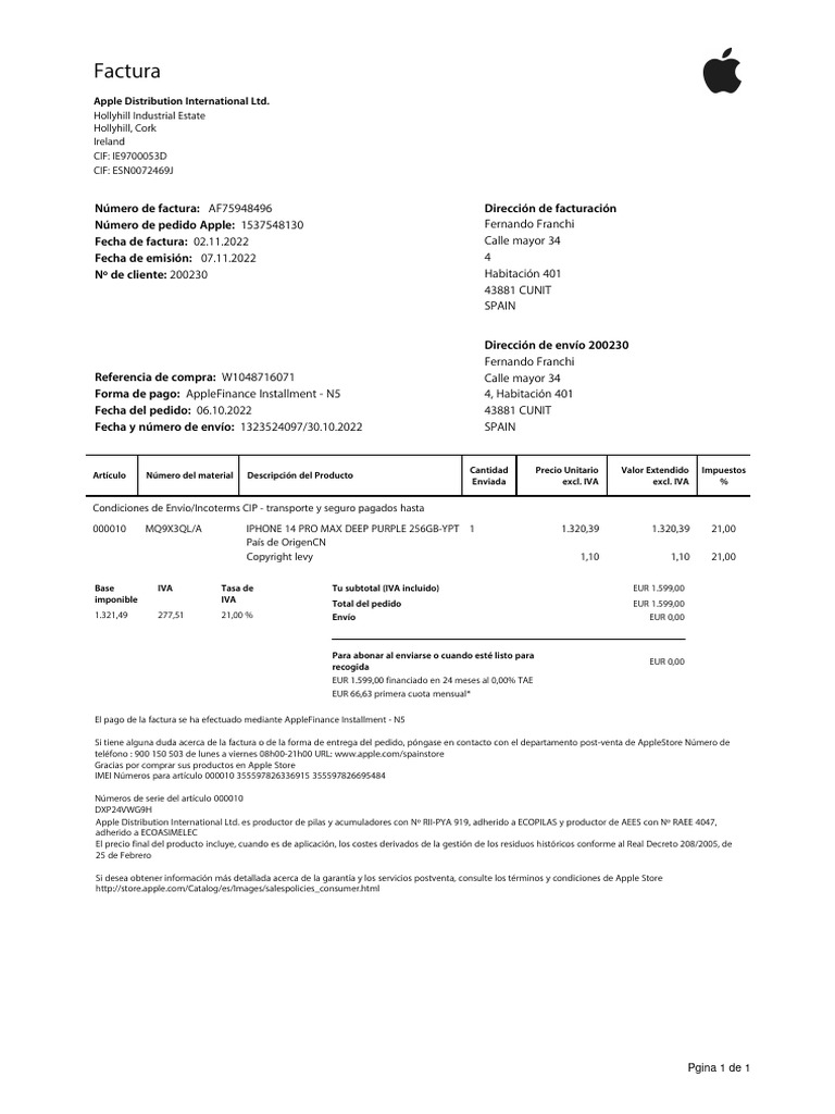 Factura: Apple Distribution International LTD | PDF | Factura