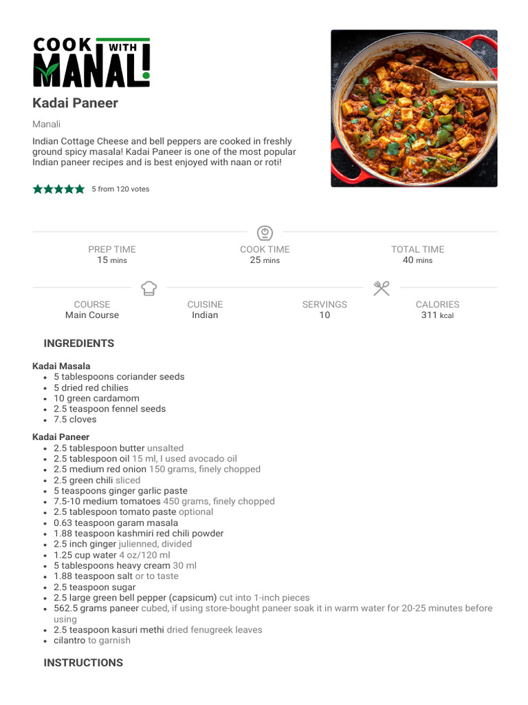 Kadai Paneer - Cook With Manali | PDF | Chili Pepper | Coriander