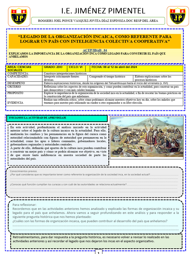 ACT 04 CCSS 2DO GRADO 2024 ROGGERS | PDF | Imperio Inca
