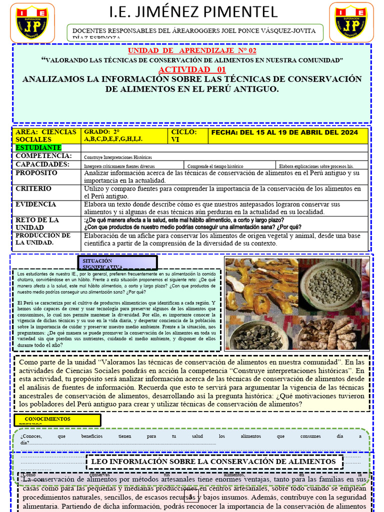 Act 05 CCSS 2do Grado 2024 Roggers | PDF | Alimentos | Conservación de ...