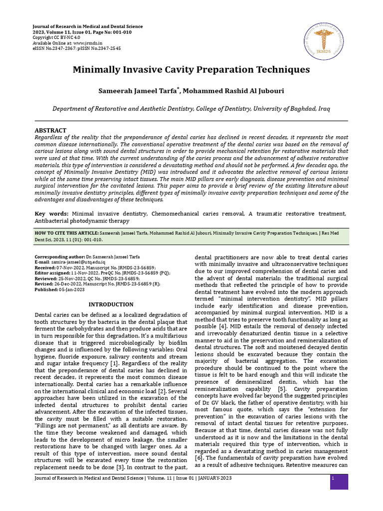 Minimally Invasive Cavity Preparation Techniques | PDF | Tooth Enamel ...
