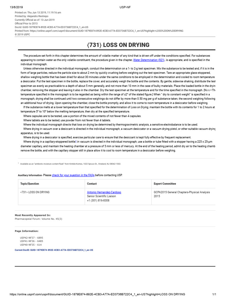 Usp 731 Loss On Drying | PDF | Tablet (Pharmacy) | Temperature