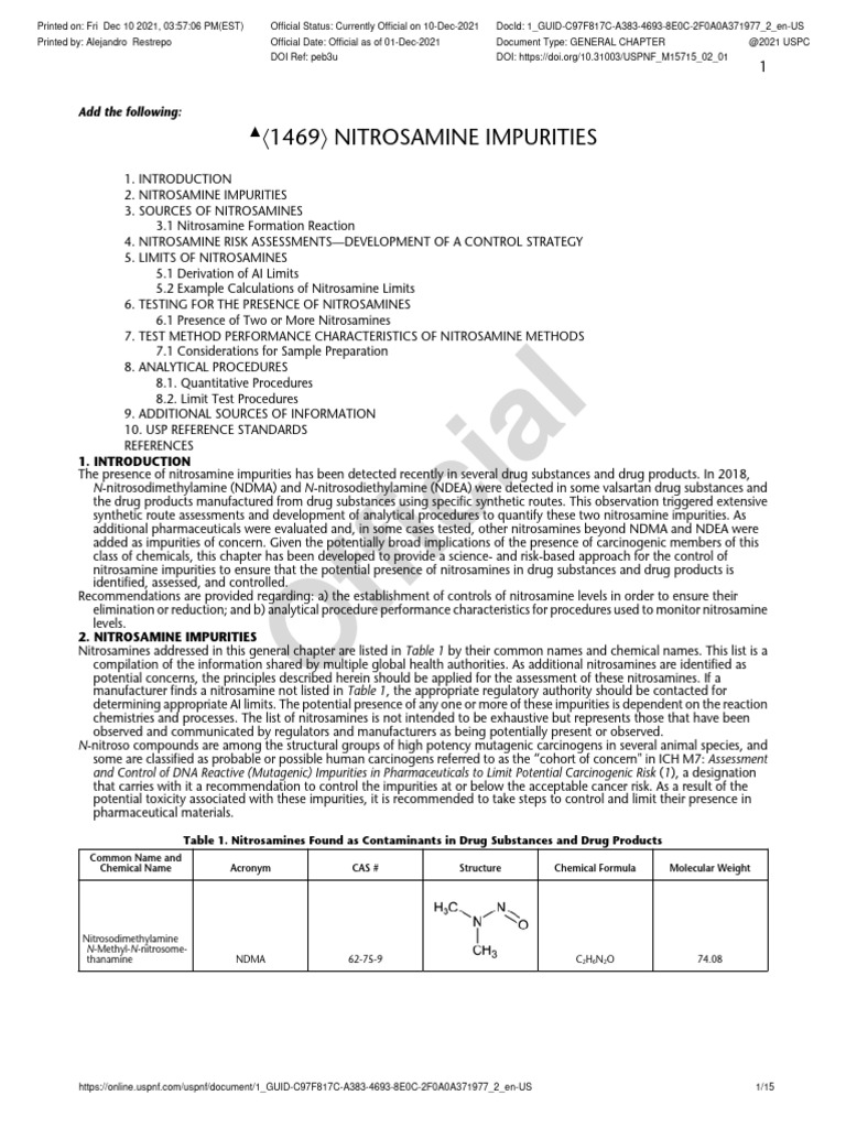 Usp 1469 Nitrosamine Impurities | PDF | Gas Chromatography | Chemical ...