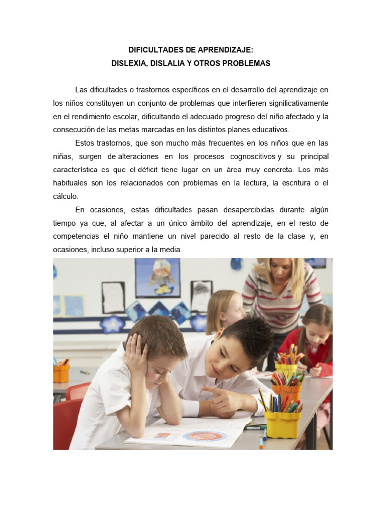 Dislalia Dislexia y Otras Dificultades de Aprendizaje | PDF | Dislexia ...