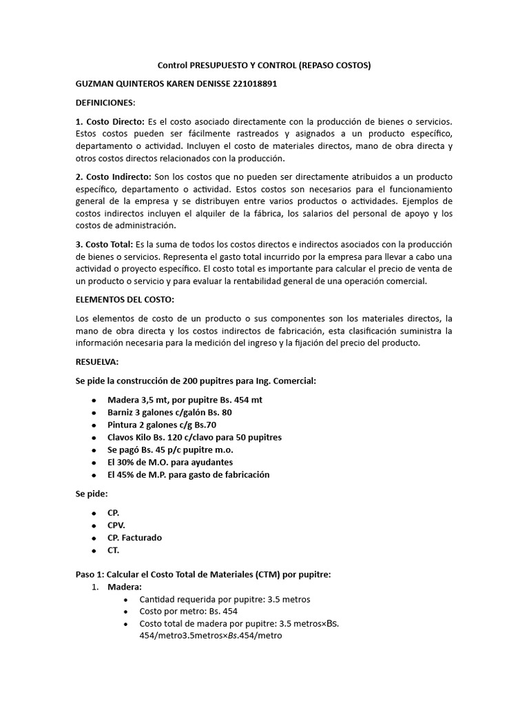 Guía de Costos para Producción de Pupitres | PDF | Presupuesto | Economias