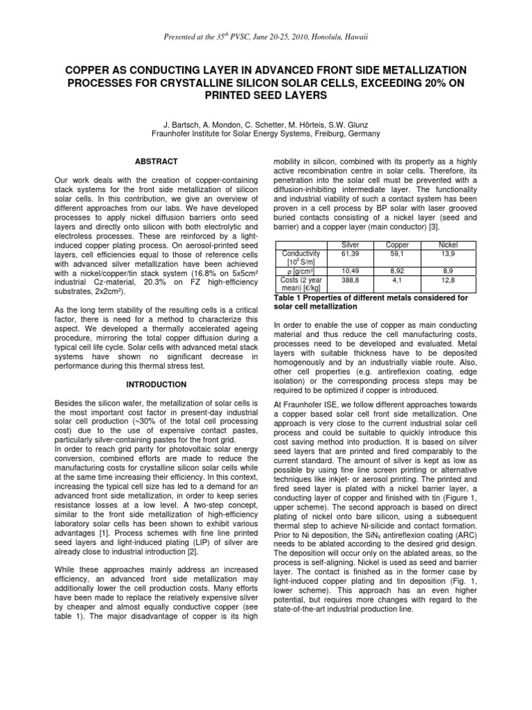 Copper As Conducting Layer in Advanced Front Side Metallization ...