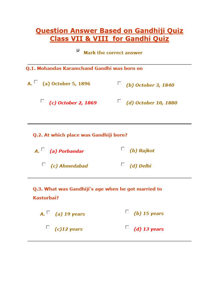 Gandhi Quiz for Class VII & VIII | PDF | Mahatma Gandhi | Indian ...