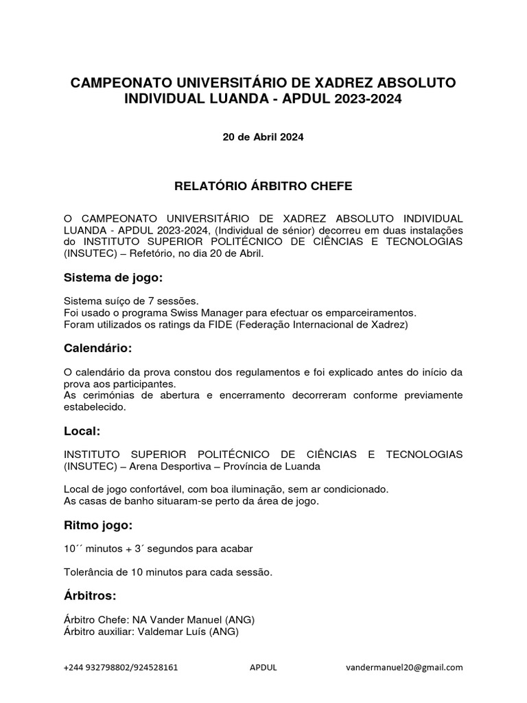 Relatório Do Universitário Absoluto Individual de Xadrez - Luanda - APDUL 2023-2024 - PDF 1 ...