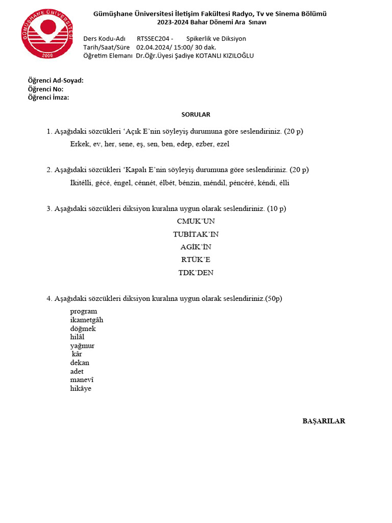 Spikerlik Ve Diksiyon Vize Soruları | PDF