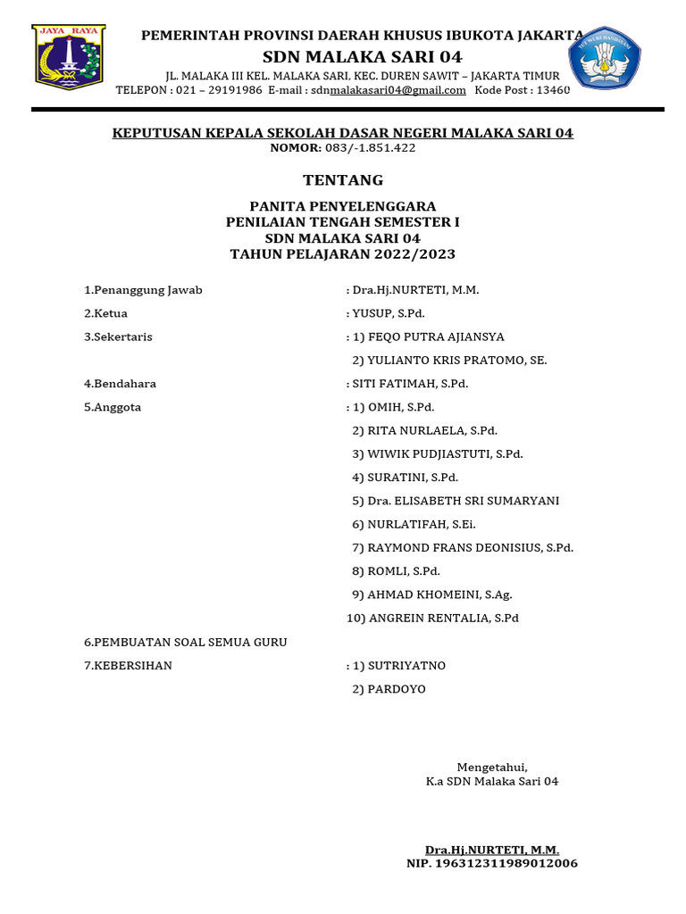 PANITIAN PTS TAHUN PELAJARAN 2022.2023 - SD Malakasari04 | PDF ...