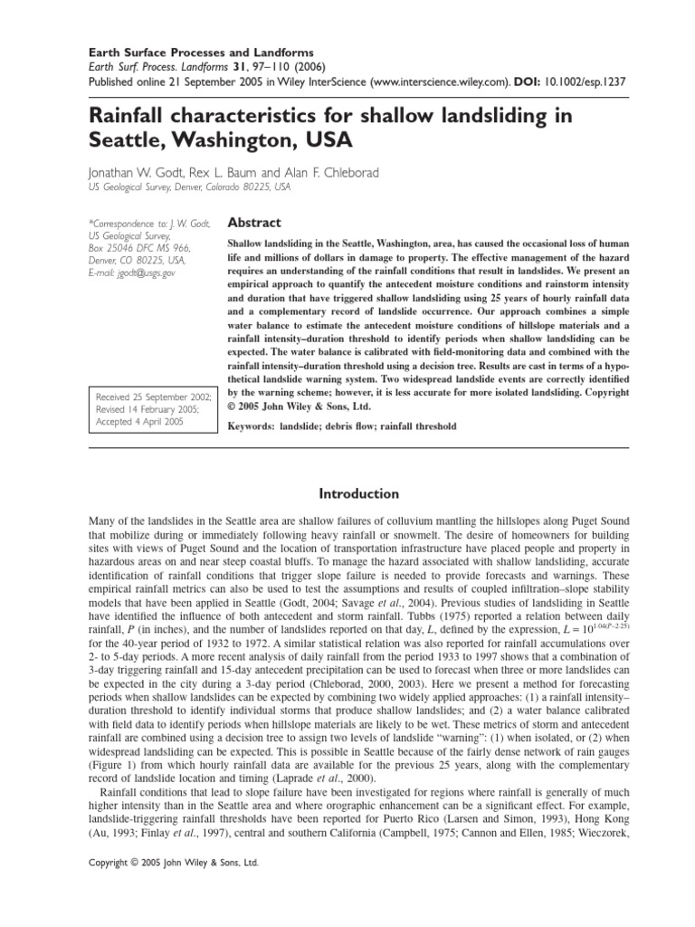 Earth Surf Processes Landf - 2005 - Godt - Rainfall Characteristics For ...
