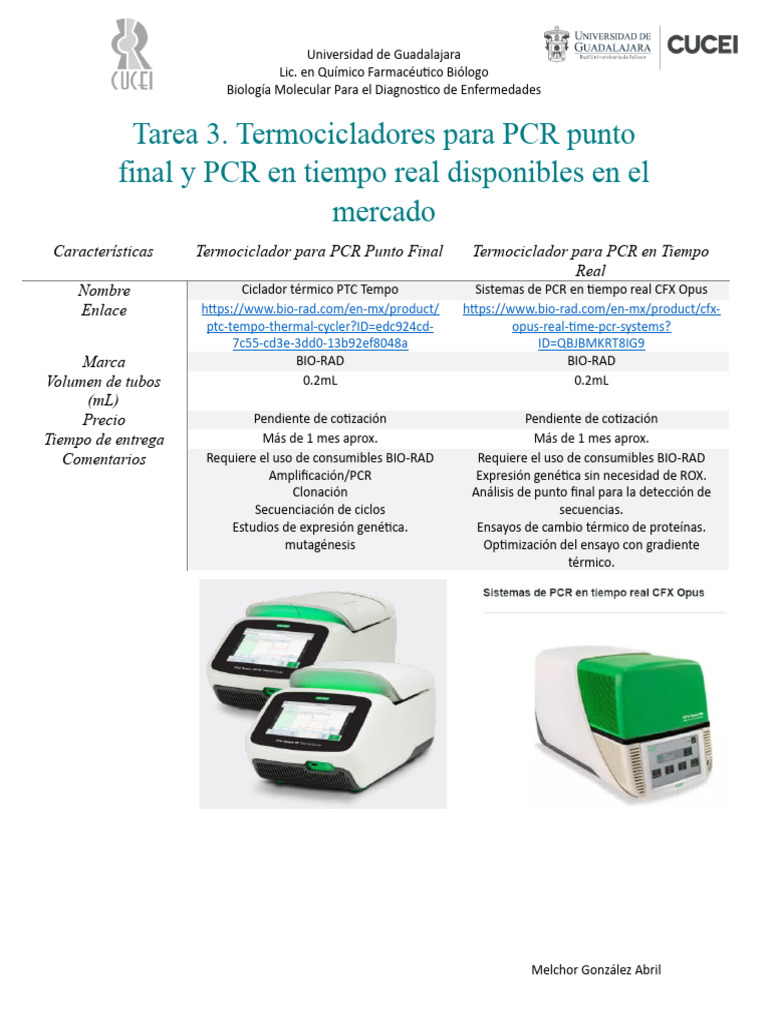 Tarea 3. Termocicladores para PCR punto final y PCR en tiempo real disponibles en el mercado | PDF