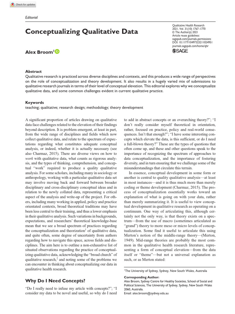Broom 2021 Conceptualizing Qualitative Data | PDF | Qualitative Research | Theory
