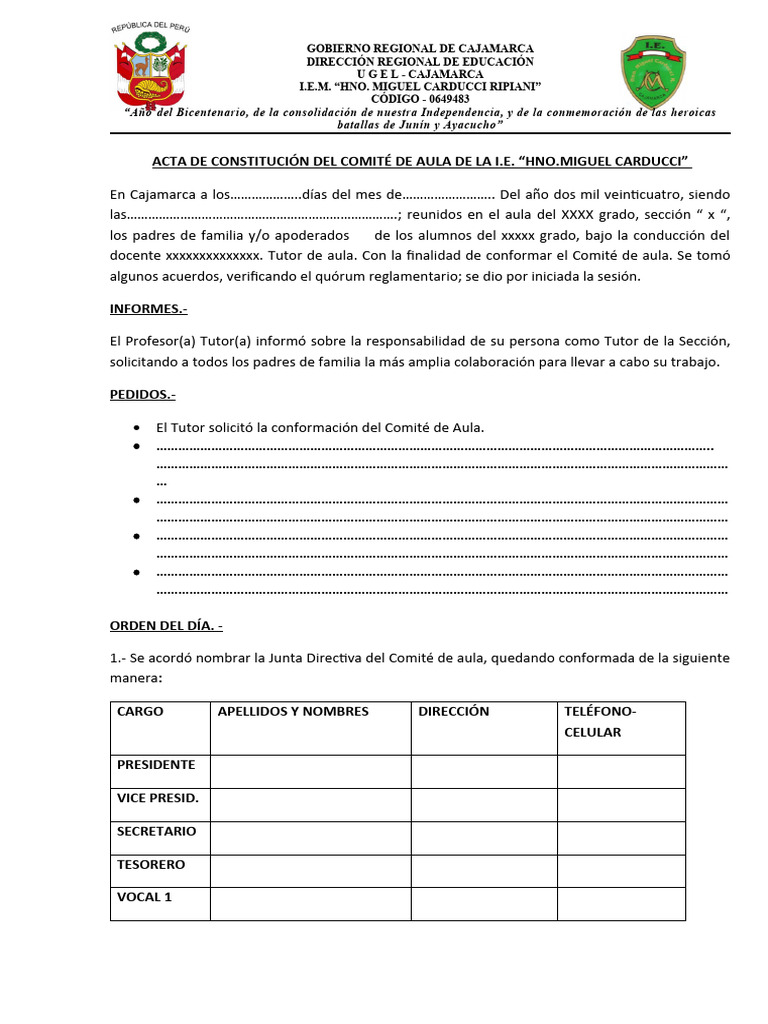 ACTA DE CONSTITUCIÓN DEL COMITÉ DE AULA (1) | PDF | Gobierno