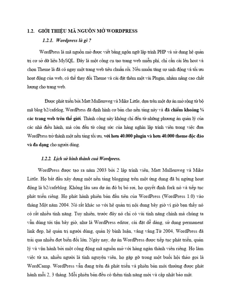 1.2.1. Wordpress là gì ?: 1.2. Giới Thiệu Mã Nguồn Mở Wordpress | PDF