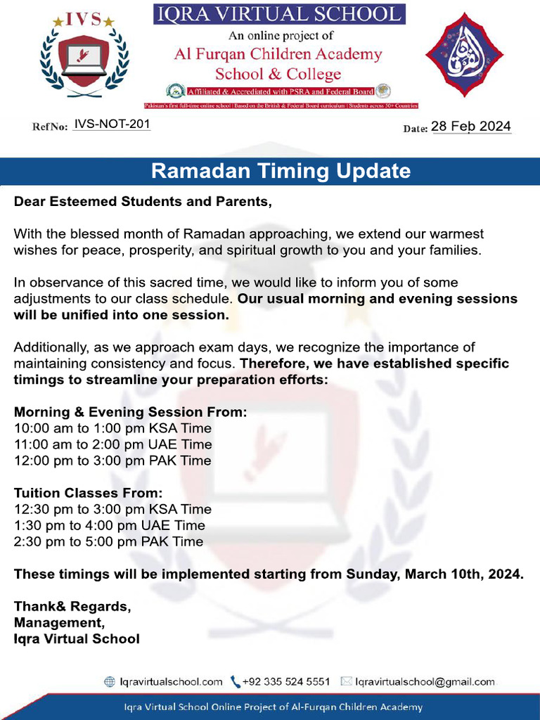 Ramadan Class Schedule Update | PDF