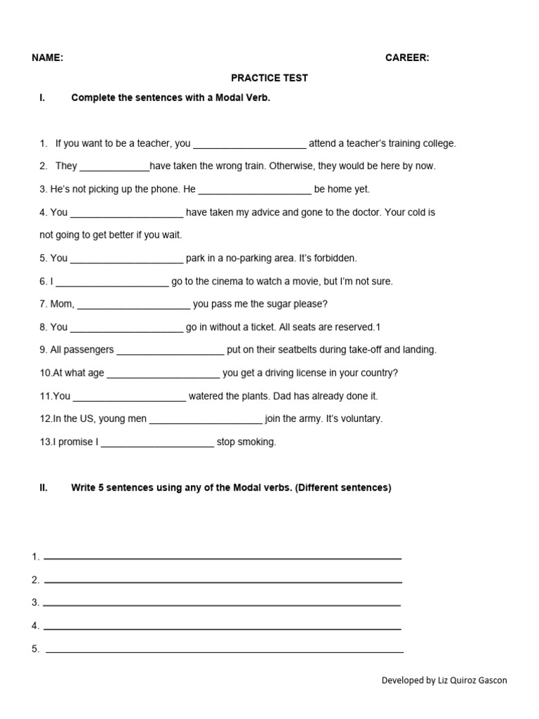 Modal Verbs Practice Test | PDF | Career & Growth | Language Arts ...
