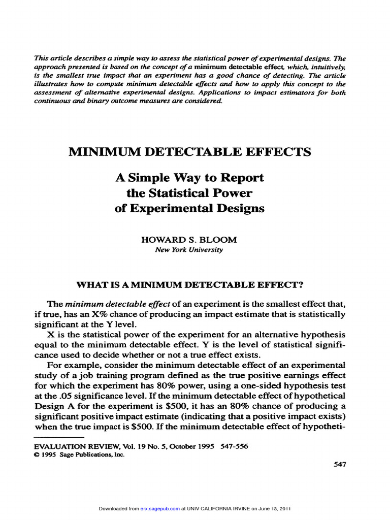 MINIMUM DETECTABLE EFFECTS A Simple Way To Report The Statistical Power of Experimental Designs ...