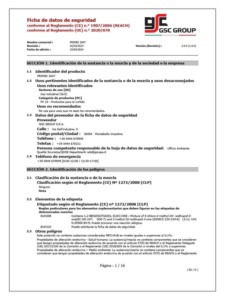 Ficha de Seguridad PRIMEX 3647 REACH | PDF | Toxicología | Química