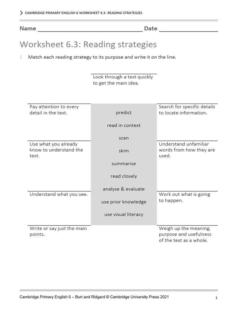 pri_eng_2ed_tr6_Worksheet_6.3_Reading_strategies | PDF | Cognitive Psychology | Learning