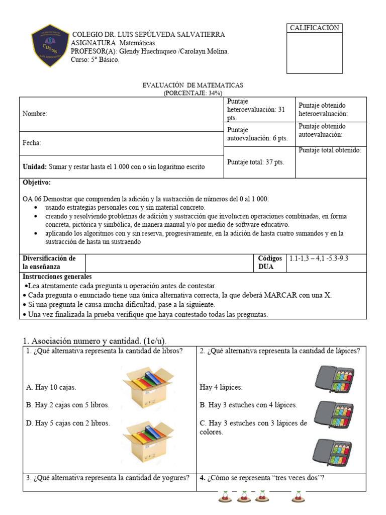 Prueba Paci 5 Básico | Descargar gratis PDF | Sustracción | Matemáticas
