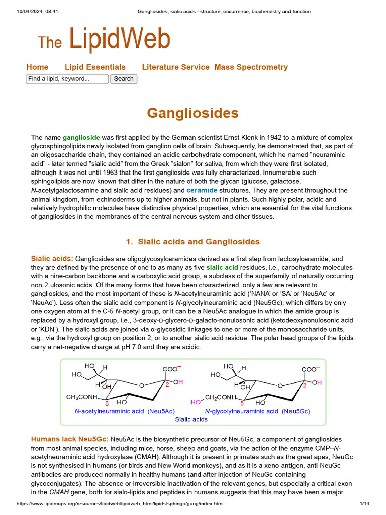Gangliosides, Sialic Acids - Structure, Occurrence, Biochemistry and ...