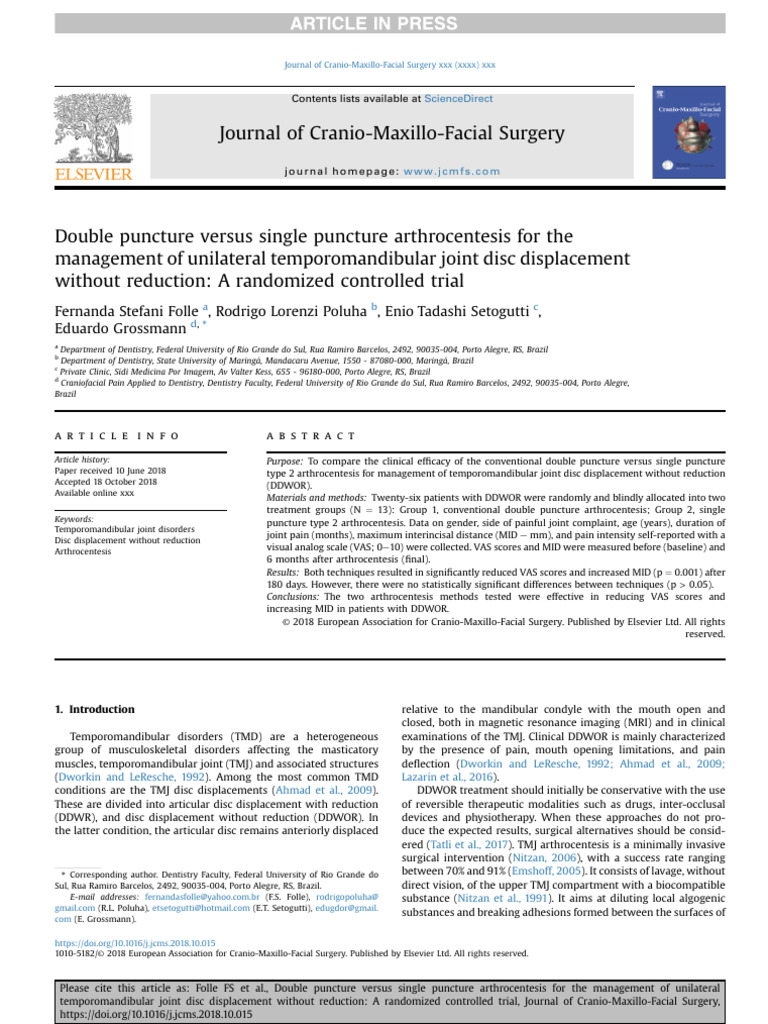 Article Double Puncture Versus Single Puncture Arthrocentesis For The ...