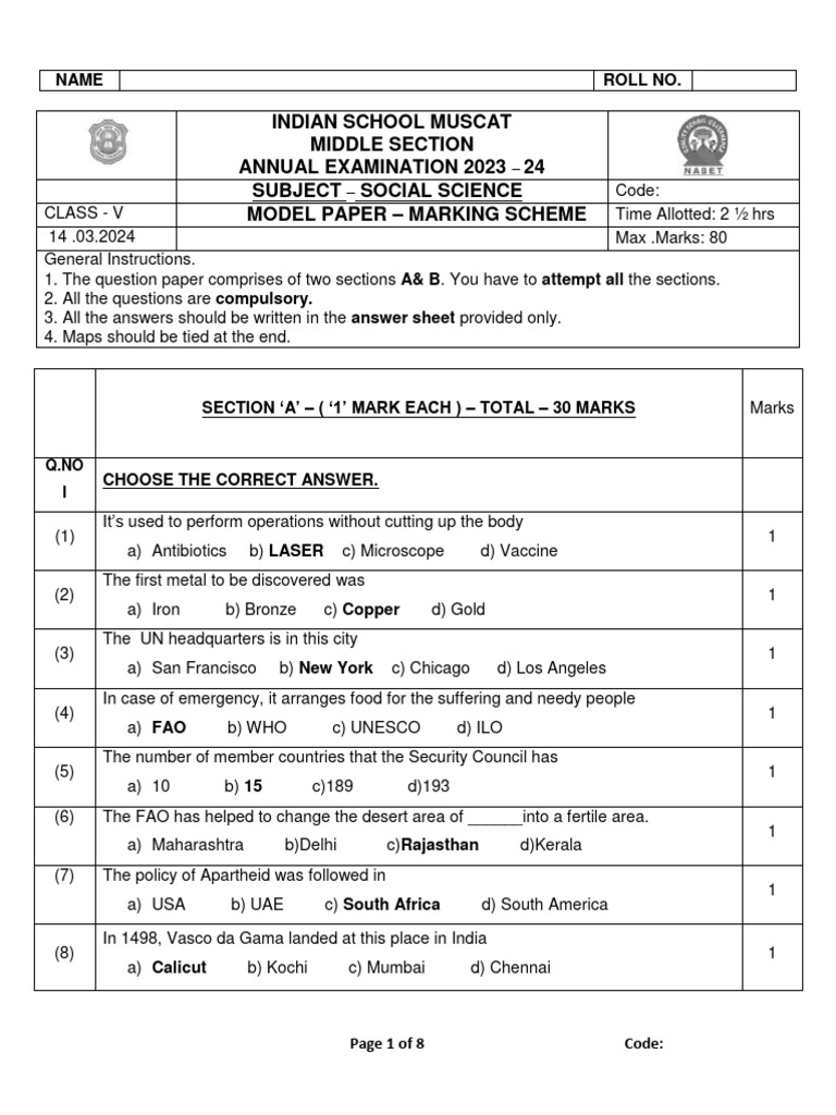 Class V Social Science Exam Model Paper | PDF | British Raj | Indian ...