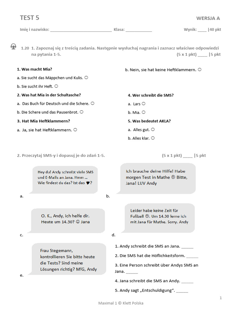 Maximal 1 TEST 5 Wersja A | PDF