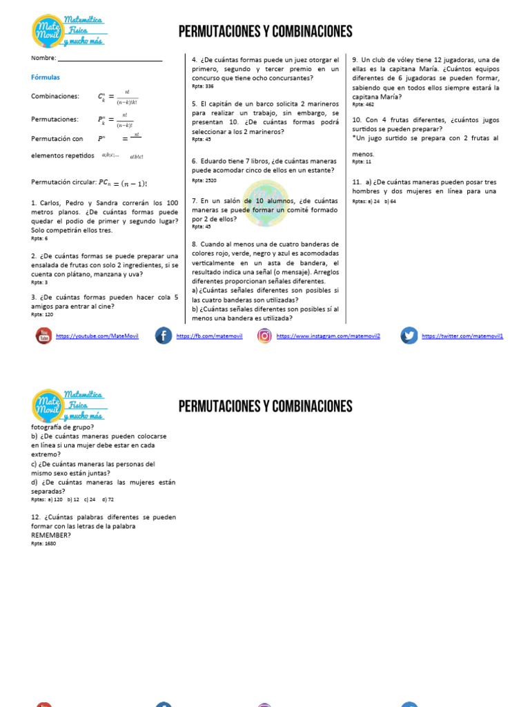 Permutaciones y Combinaciones Ejercicios Resueltos PDF | PDF