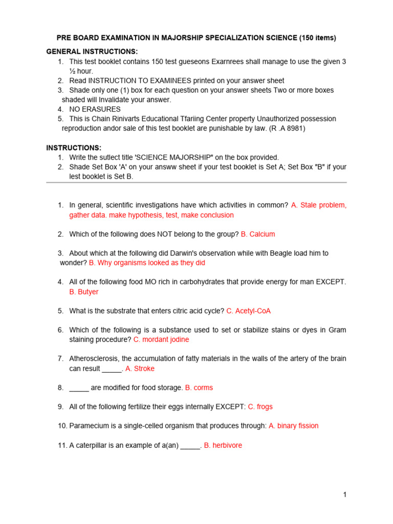 Pre Board Examination in Majorship Specialization Science | PDF ...