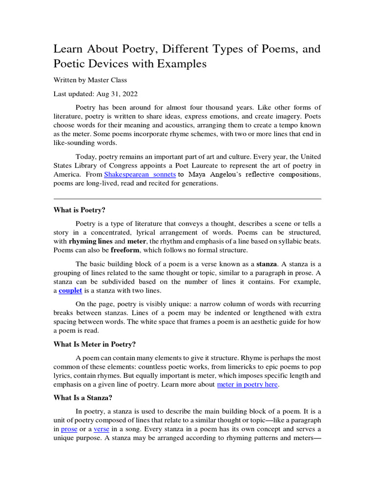Types and Devices in Poetry Explained | PDF | Poetry | Metre (Poetry)