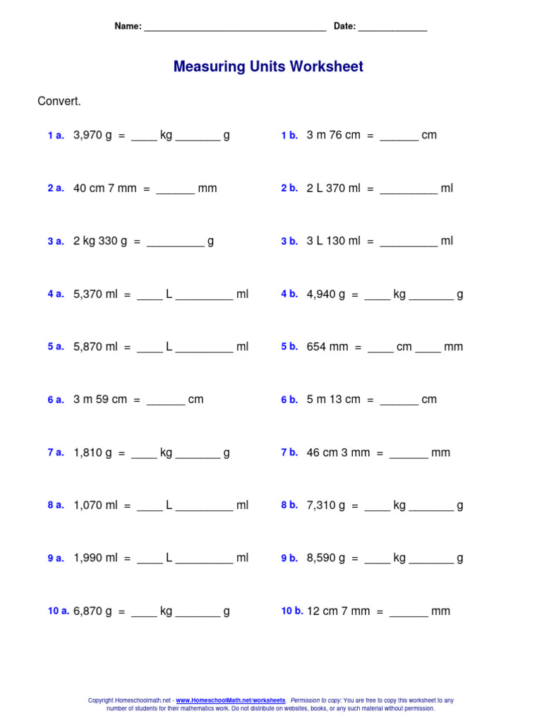 Measurement Units Worksheet | PDF