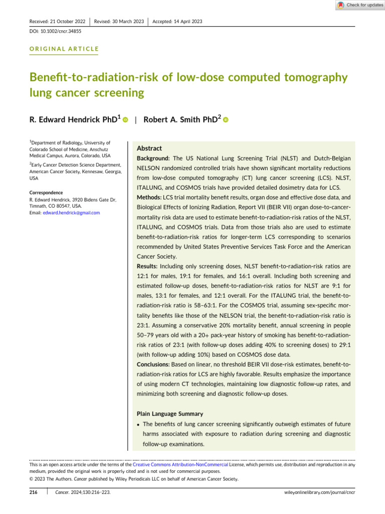 2023 Benefit To Radiation Risk of Low Dose Computed Tomography Lung ...