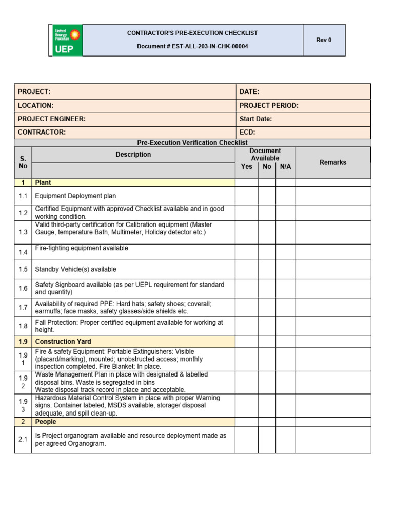 5.1 Contractor Pre-Execution Checklist PDF | PDF | Personal Protective Equipment | Safety