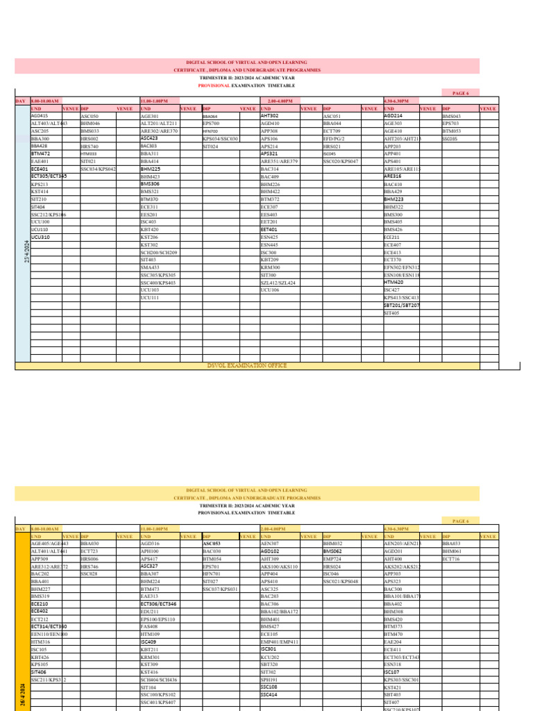 2023/2024 Trimester II Exam Timetable | PDF | Diploma | Undergraduate ...
