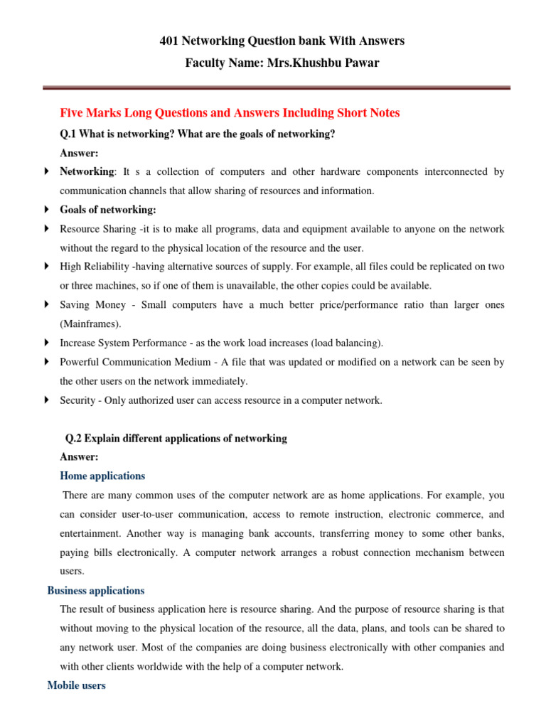 401 NETWORKING QUESTION BANK | PDF | Duplex (Telecommunications) | Client–Server Model