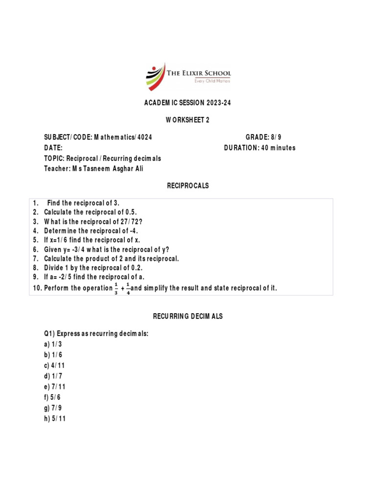 Mathematics Worksheet on Reciprocals and Recurring Decimals | PDF ...